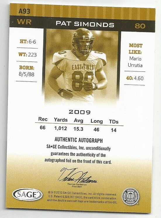 2010 Sage Hit Autograph Pat Simonds Colgate Raiders Philadelphia Eagles ...