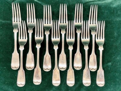 SET OF 12 MATCHING COIN SILVER DINNER FORKS JAMES WATTS PHILADELPHIA 7 ...