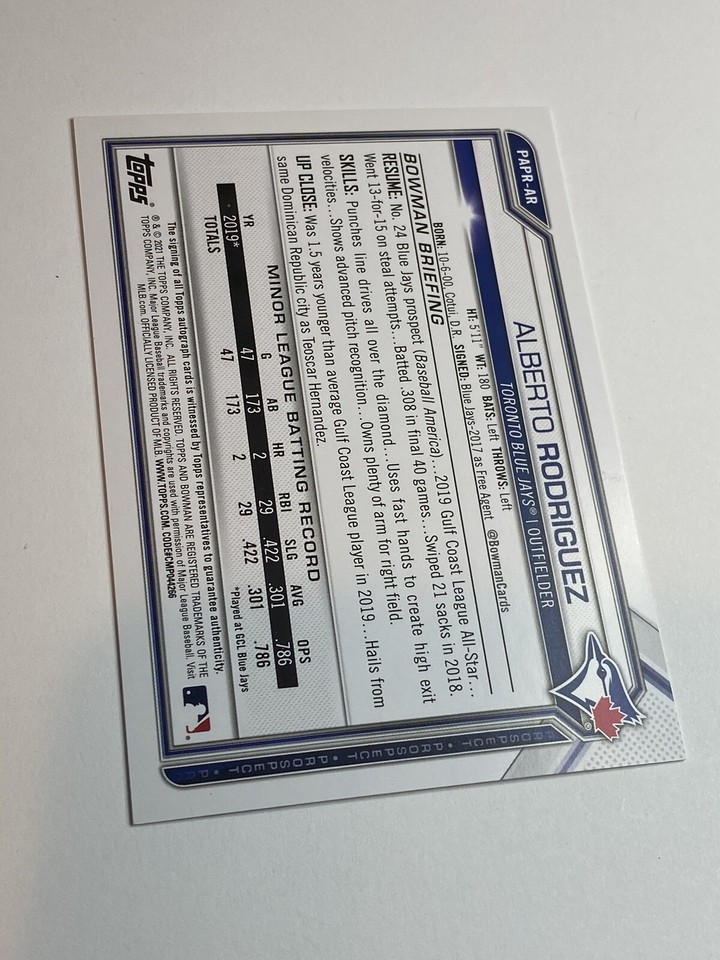 Alberto Rodriguez 2021 Bowman Paper 1st Auto #PAPR-AR Autograph Seattle ...