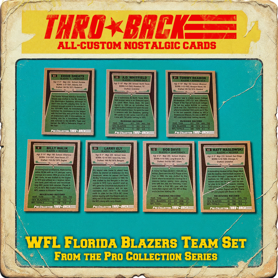 THROBACK custom Football Card WFL Florida Blazers Team Set Walik Sheats ...