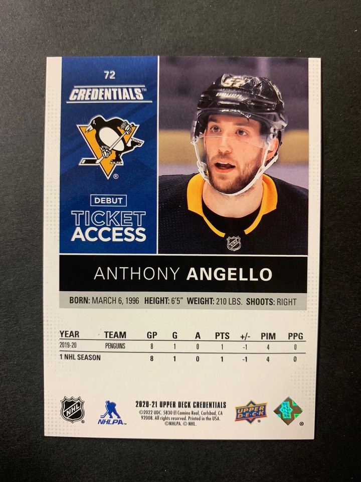 Anthony Angello 2020-21 Upper Deck Credentials Debut Ticket Access /999 ...