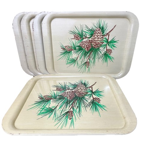 Vintage Mid-Century Metal TV Trays Set of 5 Pine Cone Rustic Cabin ...