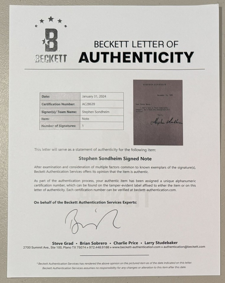 Stephen Sondheim Signed Autographed 6x8 Typed Letter Beckett BAS West ...