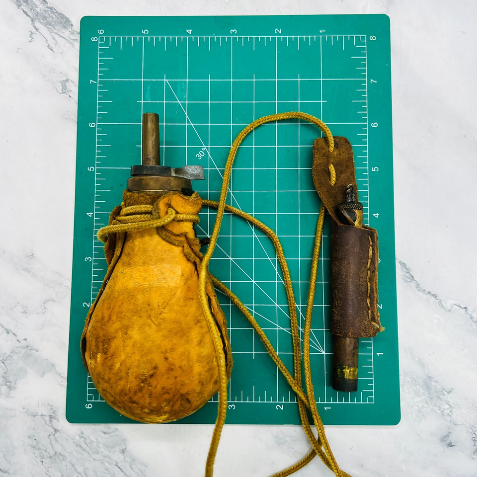 Antique Black Powder Flask Muzzleloader Hard Boiled Leather Brass Pouch ...