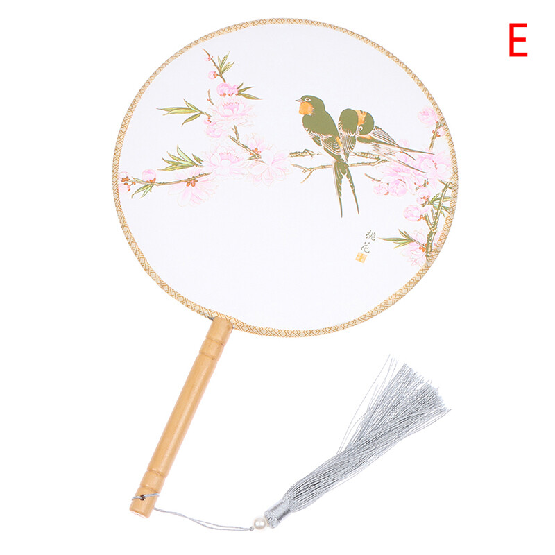 Chinese Style Round Fan with Wooden Handle Portable Printed Vintage FLI ...