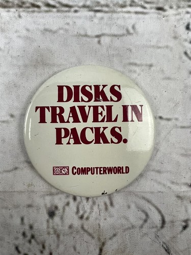 Vintage Disks Travel In Packs Computer World Metal Round Pinback Pin ...