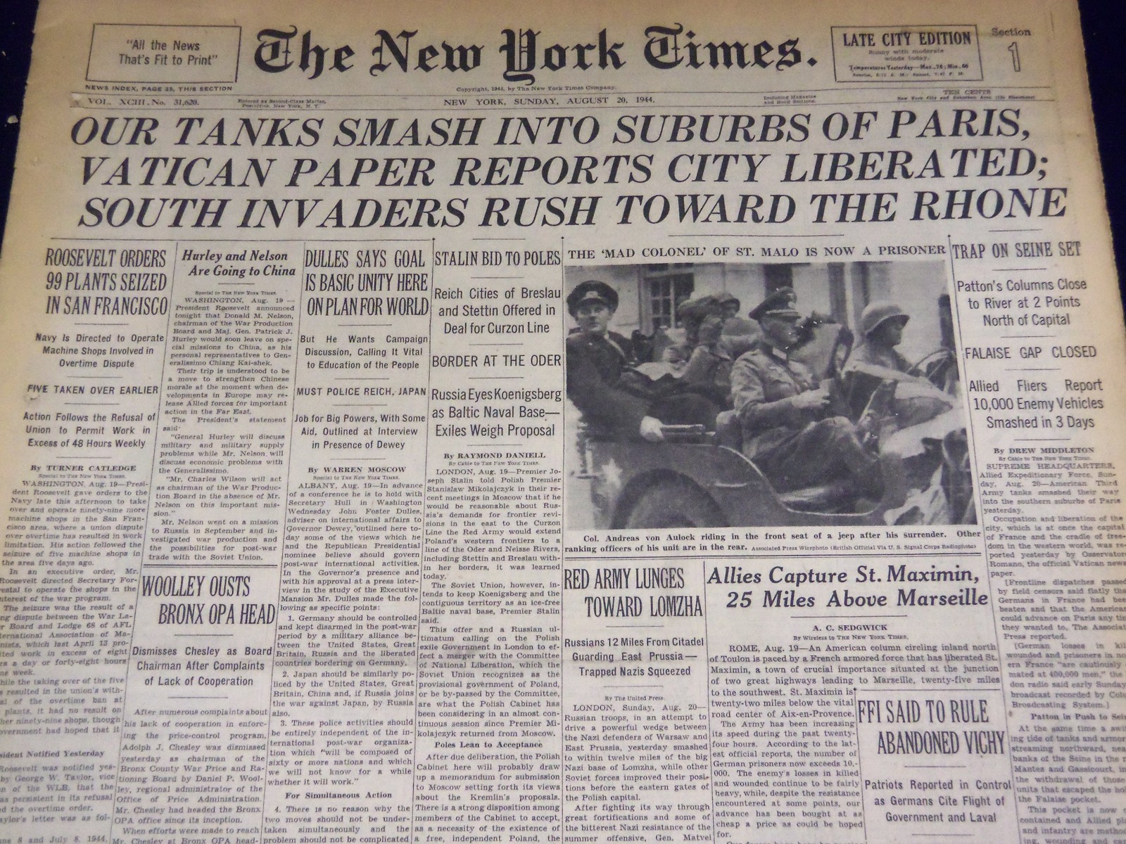 1944 AUGUST 20 NEW YORK TIMES - OUR TANKS SMASH INTO SUBURBS OF PARIS ...
