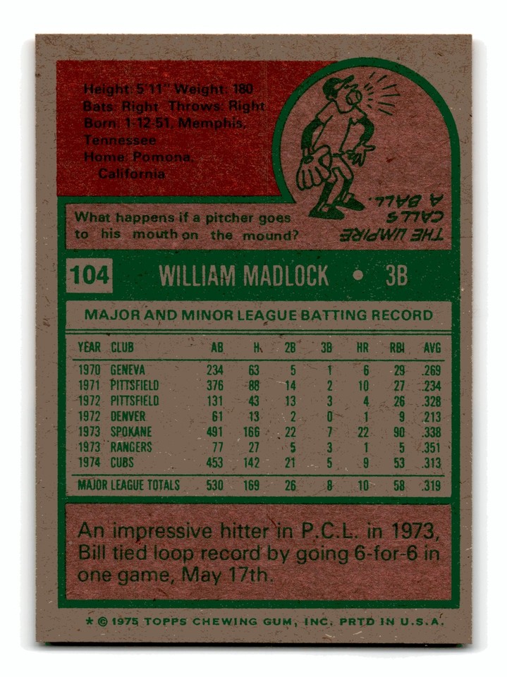 Bill Madlock 1975 Topps All-Star Rookie Gold Cup #104 Chicago Cubs EX ...