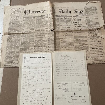 Civil War Era Worcester Daily Spy Handwritten Data & Letter John ...