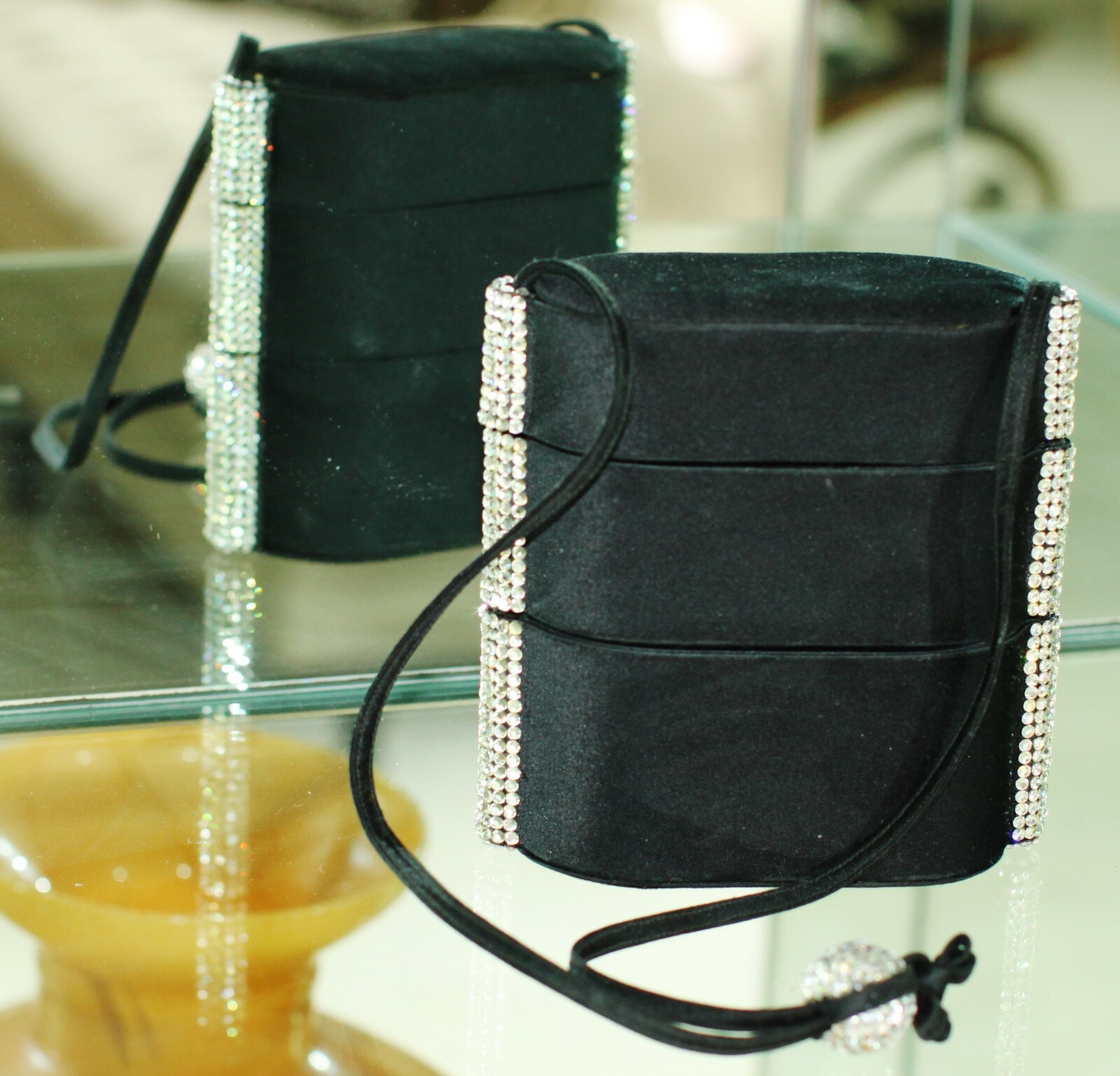 JUDITH LEIBER EVENING BAG 1981 JAPANESE INRO STYLE UNIQUE BLACK SATIN ...