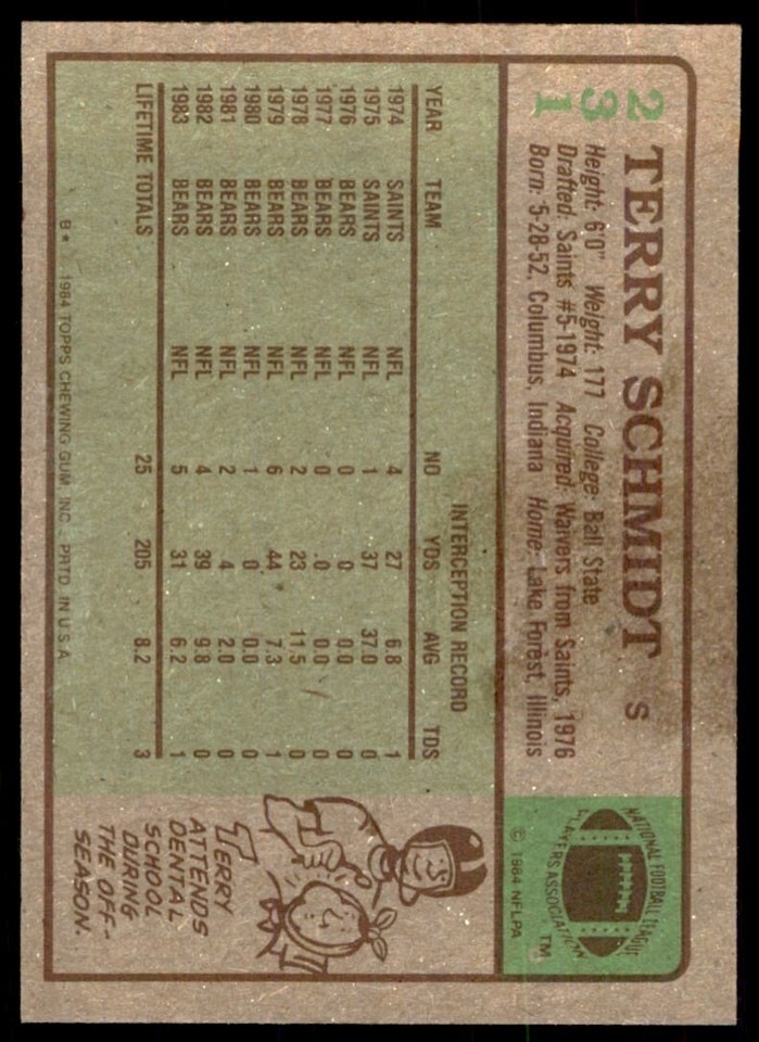 1984 TOPPS: TERRY SCHMIDT CHICAGO BEARS #231 | eBay