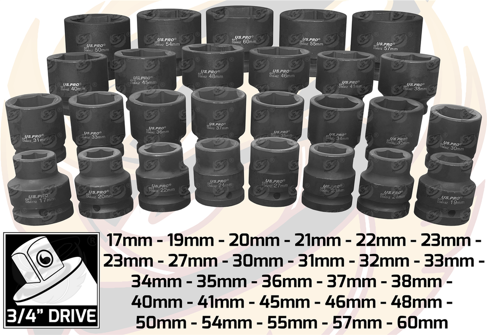 US PRO 3/4"Inch DRIVE IMPACT Socket Set 17mm - 60mm HGV HEAVY DUTY ...