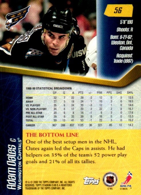 Adam Oates Washington Capitals #56 Topps Stadium Club 2000 NHL Hockey ...