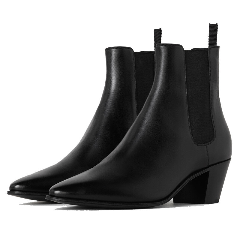 Mens Genuine Leather Cuban Heel Chelsea Boots Pointy Toe Ankle Boots ...