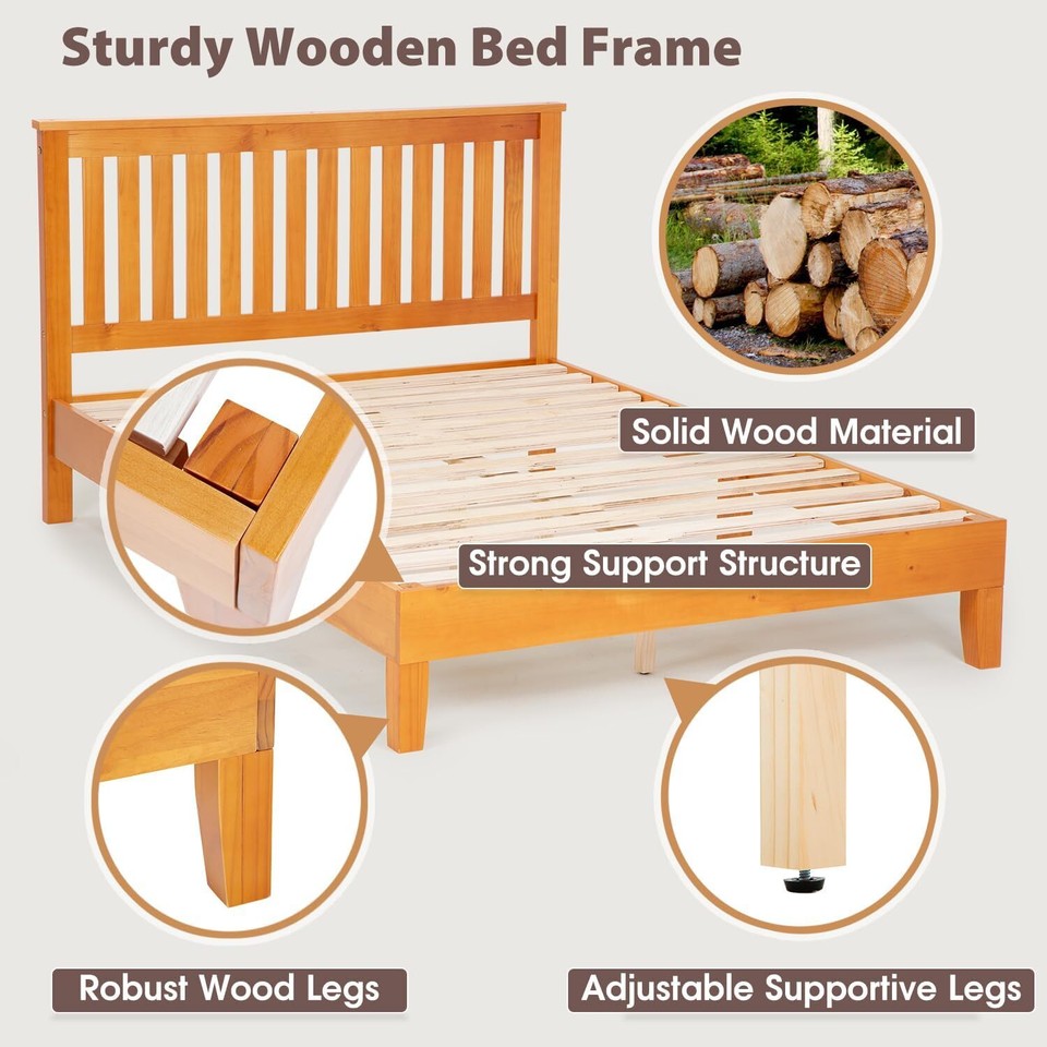 Wood Platform Bed Frame Solid Wood Foundation/Wood Slats Support with Headboard | eBay