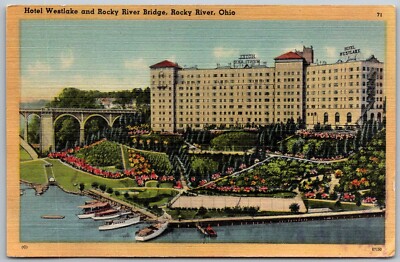 Rocky River Ohio 1940s Postcard Hotel Westlake and Rocky River Bridge ...