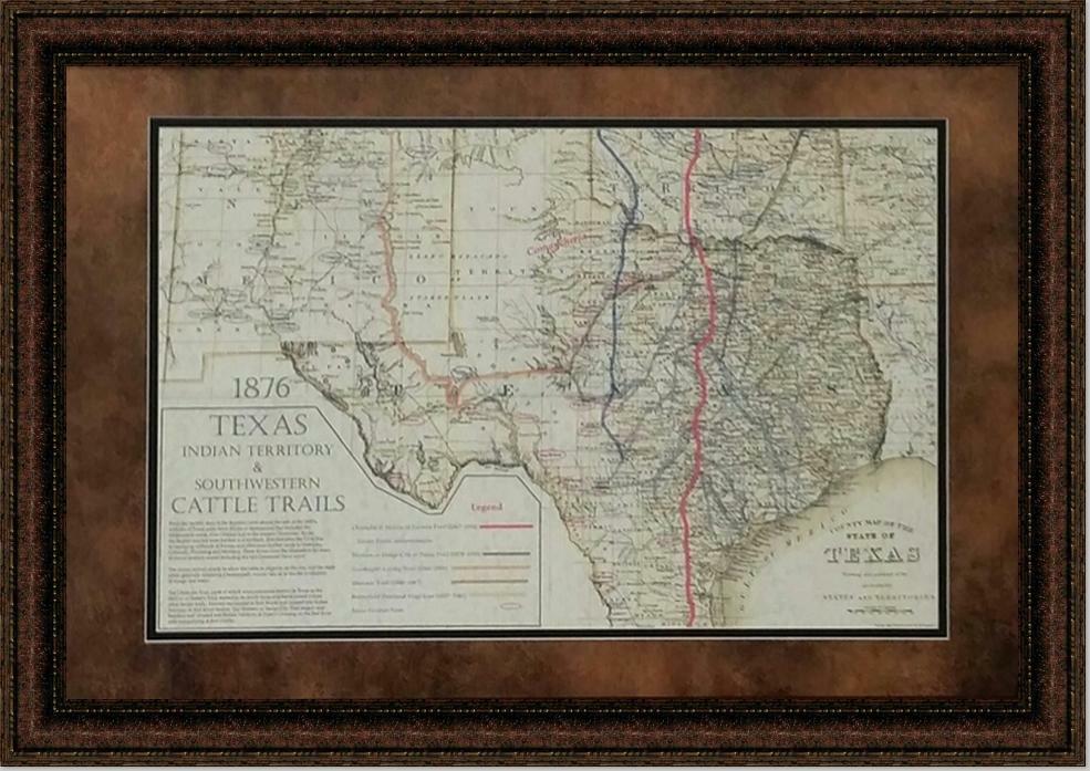 Cattle Trail Map | Framed Historic Texas Map with Double Mat | eBay