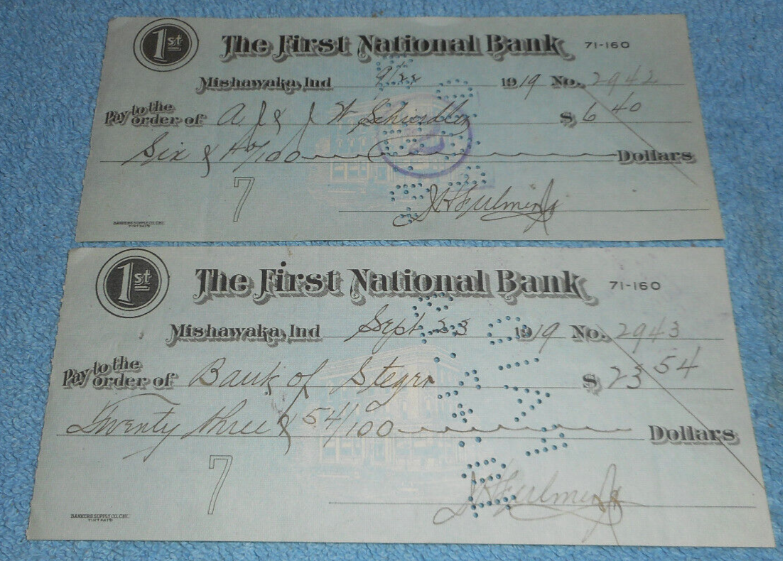 Pair of 1919 The First National Bank Checks Mishawaka Indiana IN | eBay