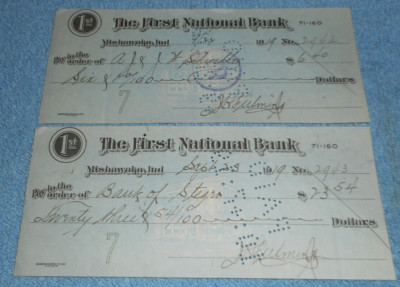 Pair of 1919 The First National Bank Checks Mishawaka Indiana IN | eBay