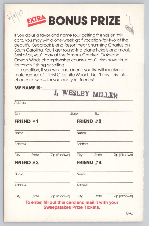 Sweepstakes Entry Postcard View of Seabrook Island Resort Charleston SC ...