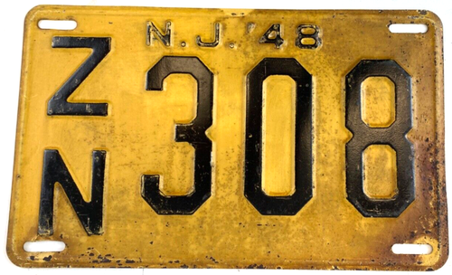 Vintage New Jersey 1948 Auto License Plate ZN 308 Man Cave Garage Wall ...