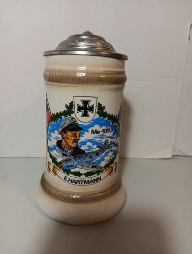 Erich Hartmann Beer Stein Me-109 Germany USA Flag World War II Vintage ...