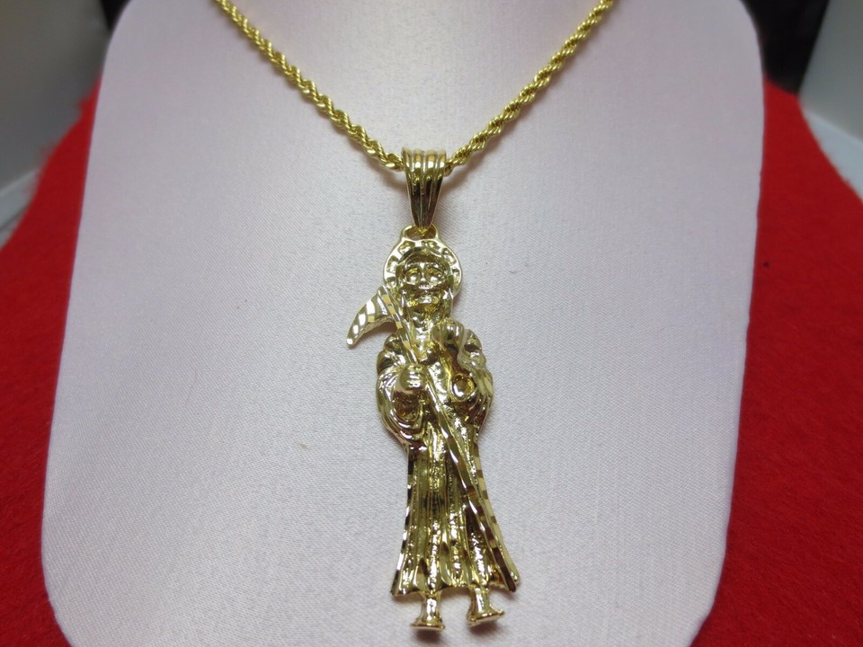 14 KT GOLD PLATED (3") SANTA MUERTE CHARM & 18 INCH 3 MM ROPE CHAIN SET ...