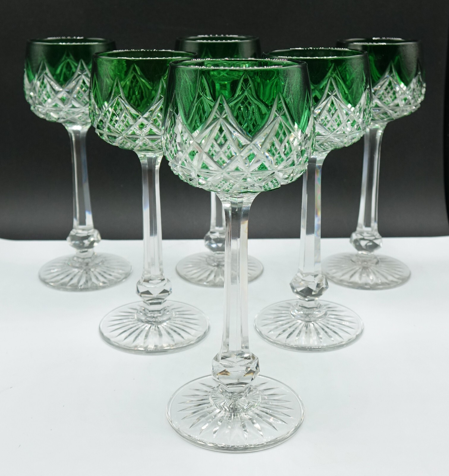 FRENCH Baccarat COLBERT Green Emerald Cut Crystal Hoock Wine Glasses ...