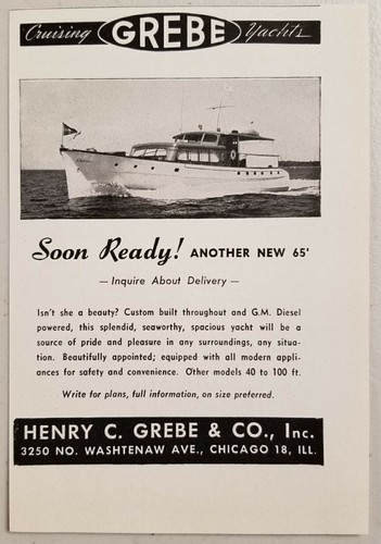 1949 Print Ad Grebe 65 Yacht Boats GM Diesel Powered Chicago,Illinois ...