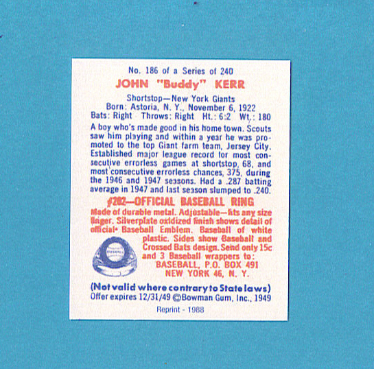 1949 Bowman Reprint #186 John Buddy Kerr Card - New York Giants | eBay