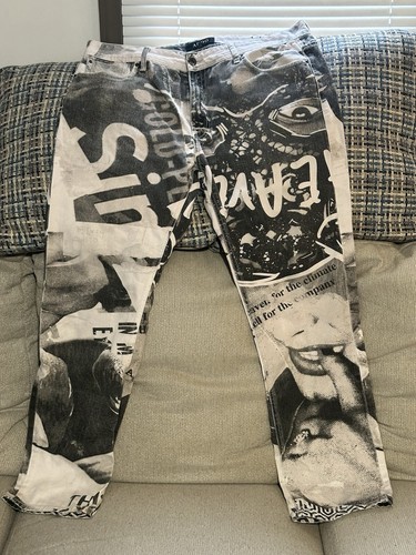 AKOO GRAFFITI ART PRINT BLACK AND WHITE NO RIVALS DENIM JEANS RARE SIZE ...