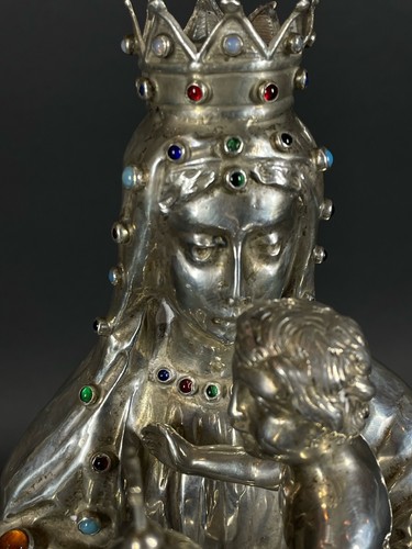 19th c Hanau German Jeweled Silver Religious Statue of Madonna & Child ...