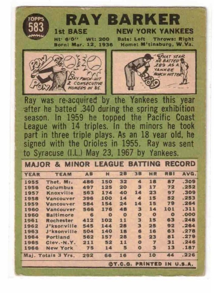 1967 Topps #583, Ray Barker, New York Yankees, VGEX | eBay