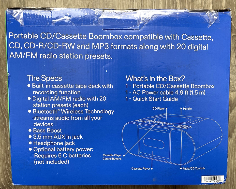 0nn Onn Portable CD Cassette Boombox Bluetooth FM Radio Bass Boost NEW ...