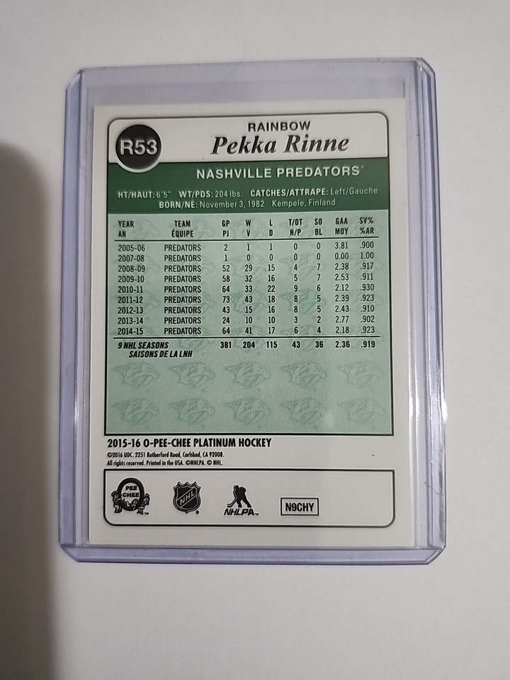 2015-16 0PC Platinum Nashville Predators Pekka Rinne Retro Rainbow Card ...