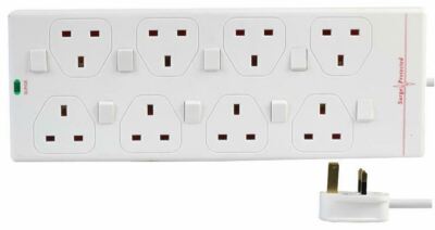 2m Switched 8 Gang Mains Extension Lead 8 Way UK Power Sockets WHITE ...