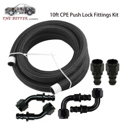 10ft 6AN Stainless Steel Braided Oil Fuel Hose Line Push Lock Fitting ...