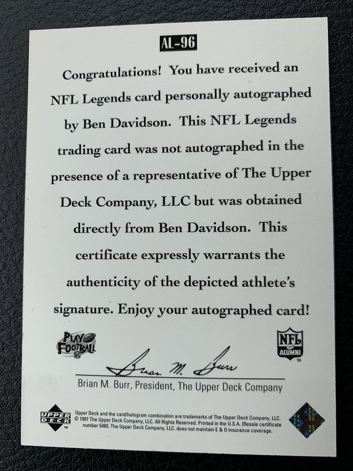 1997 RAIDERS Ben Davidson signed UD Legends card #96 Upper Deck AUTO ...