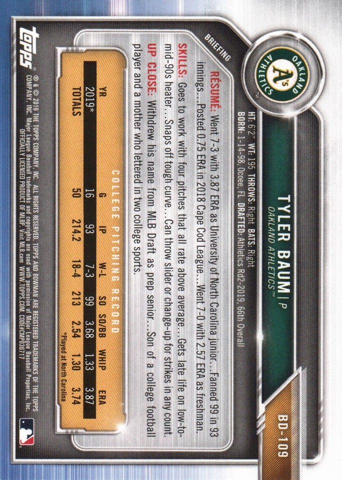 2019 Bowman Draft #BD-109 Tyler Baum Near Mint | eBay
