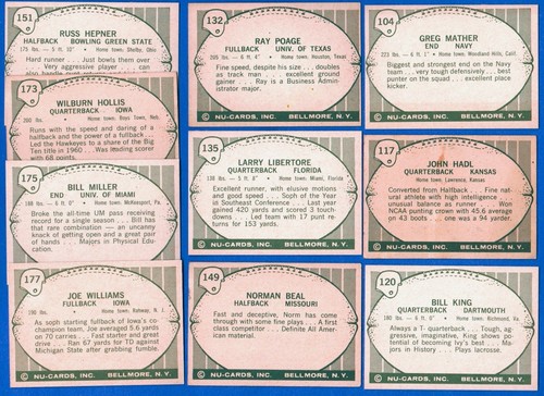 1961 nu-card vintage football cards lot of 10 different in great ...