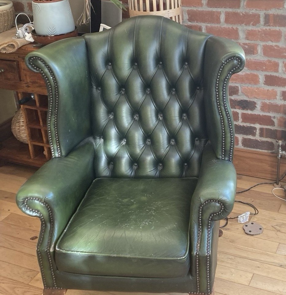 Green Leather High Back Queen Anne Chesterfield Chair | eBay UK