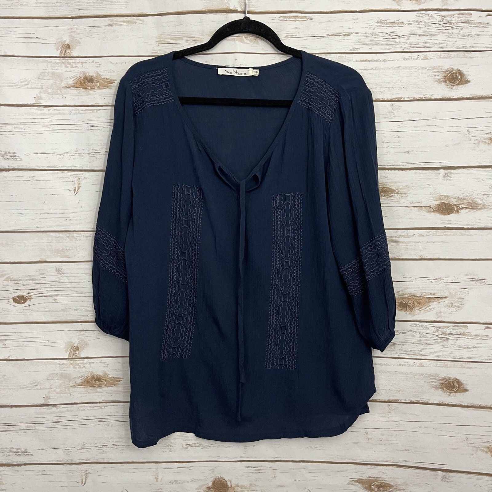 Solitaire Navy Blue Embroidered Front Tie Blouse Small - Gem