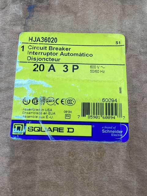 Square D HJA36020 20 A 600 V AC/DC Molded Case Circuit Breaker for sale ...