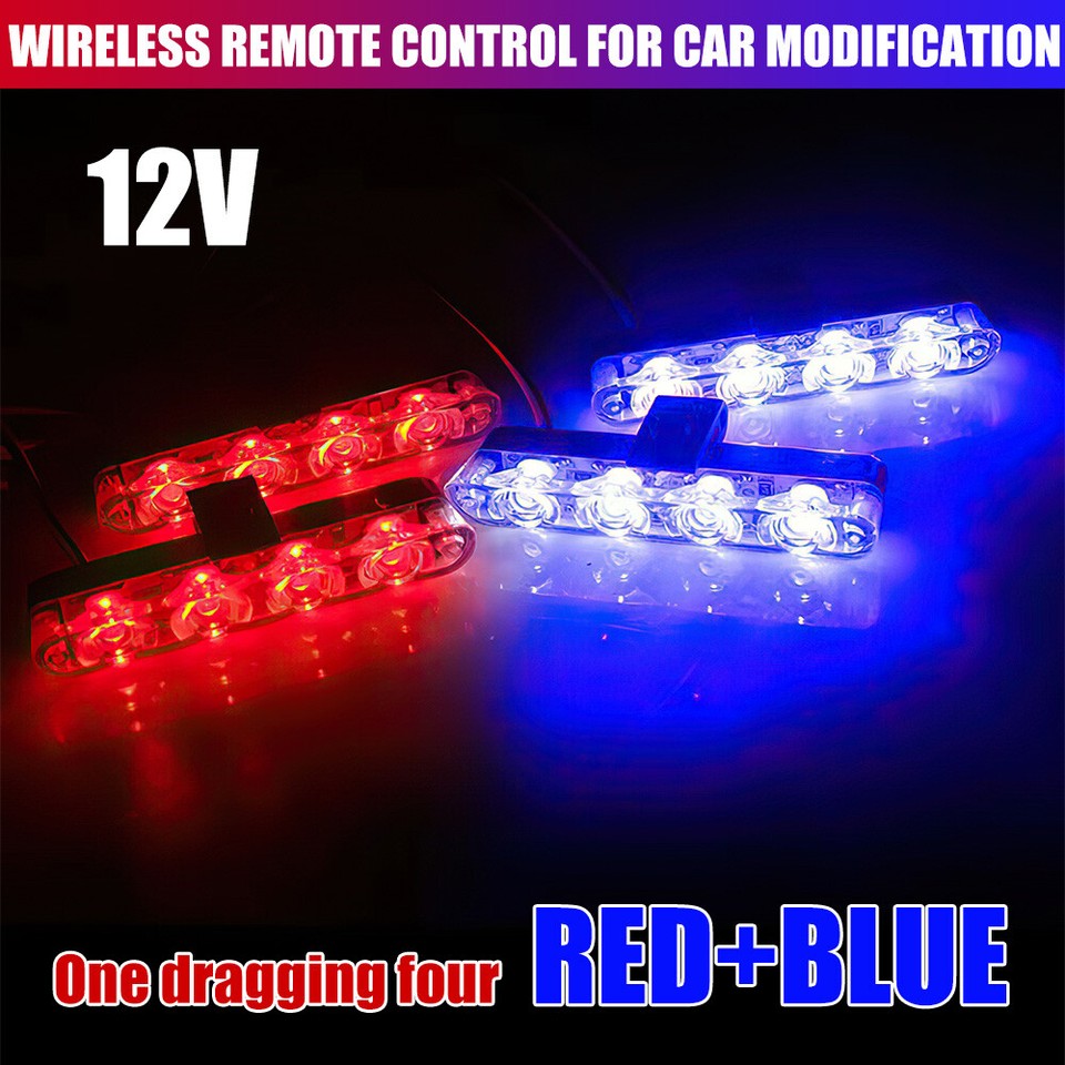 16 LED Red & Blue Police Strobe Flash Light Dash Warning Lamp+ Remote ...