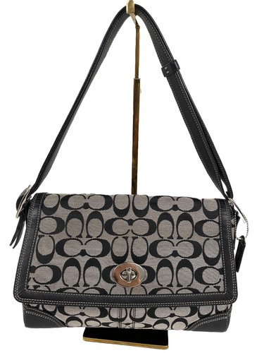 Coach Black Hampton Flap Monogram Logo Classic Signature Shoulder ...
