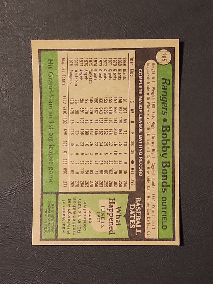 1979 Topps #285 Bobby Bonds Texas Rangers VINTAGE BASEBALL CARD GREAT ...