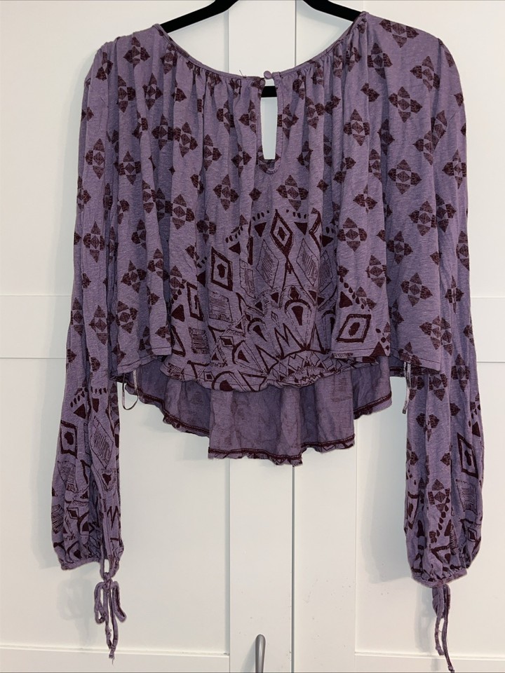 Free People Cropped Long Sleeved Purple Top Geometric Pattern Small ...