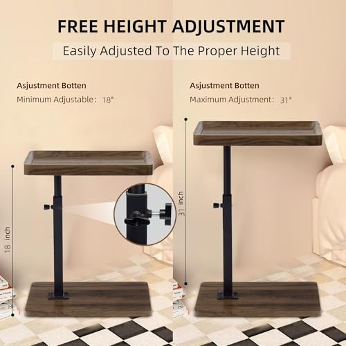 Adjustable Height Side Table with 360° Swivel Top, Wooden C Walnut ...