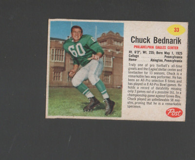 1962 Post Football Card #33 Chuck Bednarik-Philadelphia Eagles Ex Card ...
