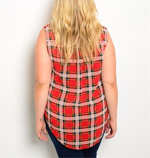 Zenobia Plus Size (XXL, XXXL) Red Plaid Button Down Woven Sleeveless ...